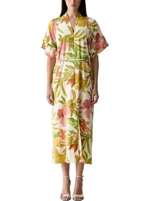 Joseph Ribkoff Floral Print V-neck Tie-waist Midi Dress - Neutrals