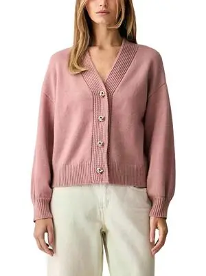 Joseph Ribkoff Ribbed-knit V-neck Cardigan With Gold-tone Hardware - Pink