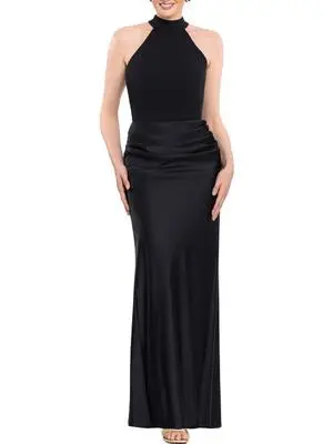 Betsy & Adam Sleeveless Mock Neck Satin Gown - Black