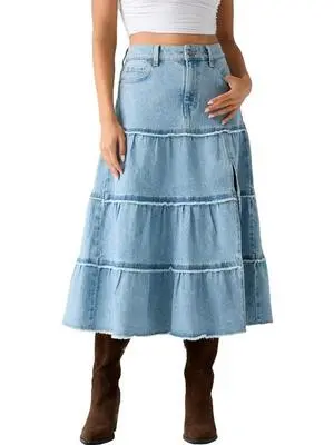 Guess Tiered Denim Midi Skirt With Frayed Hems And Front Slit - Dnto-blue