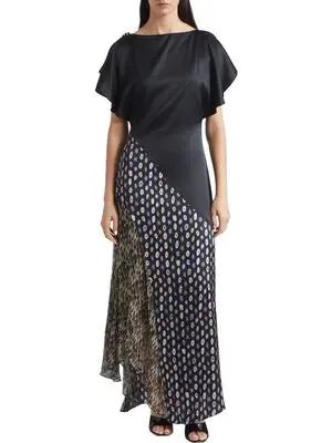 Staud Fawn Stretch Silk Dress With Printed Panel - Black Multi