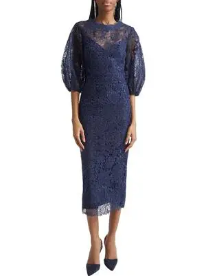 Carolina Herrera Lace Midi Pencil Dress With Balloon Sleeves - Midnight