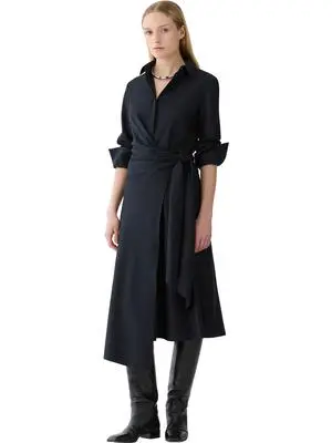 Lafayette 148 New York Brushed Wool Midi Wrap Shirt Dress - Blue Ink