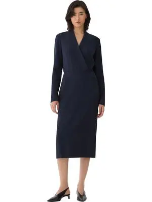 Lafayette 148 New York Crepe Long Sleeve V-neck Dress - Blue Ink