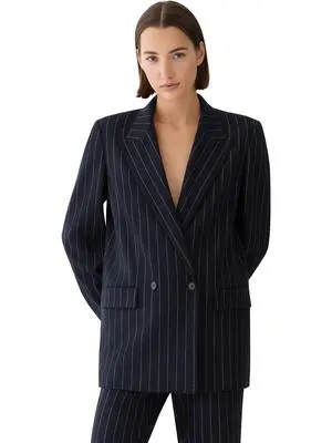 Lafayette 148 New York Pinstripe Wool Jersey Double Breasted Blazer - Navy Multi