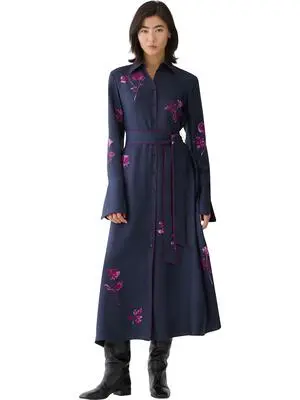 Lafayette 148 New York Petite Rose Print Silk Twill Belted Shirt Dress - Ink Multi