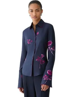Lafayette 148 New York Rose Print Silk Twill French Cuff Blouse - Ink Multi