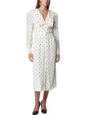 Alessandra Rich Cream Silk Midi Dress With Burgundy Polka Dots - White