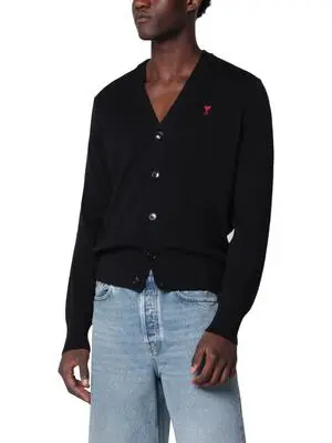 AMI Paris Wool Cardigan With Embroidered Logo - Black