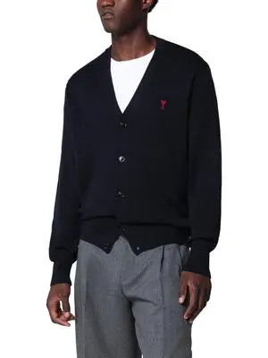 AMI Paris Navy Merino Wool Cardigan With De Coeur Embroidery - Blue