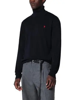AMI Paris Navy Wool Turtleneck Sweater With De Coeur Logo - Blue