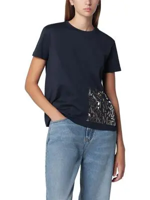 Max Mara Navy Cotton T-shirt With Logo Print - Blue