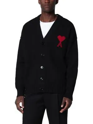 AMI Paris V-neck Wool Cardigan With De Coeur Logo - Black