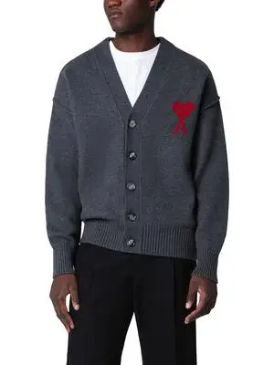 AMI Paris Virgin Wool Cardigan With De Coeur Logo - Grey
