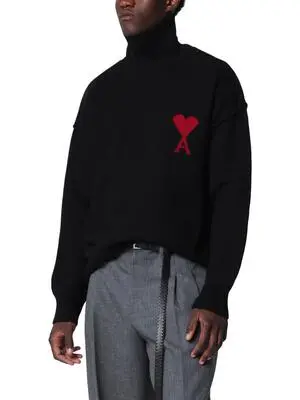 AMI Paris Wool Turtleneck Sweater With De Coeur Logo - Black