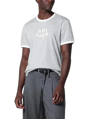 AMI Paris Cream Cotton T-shirt With Logo Appliqu - Grey