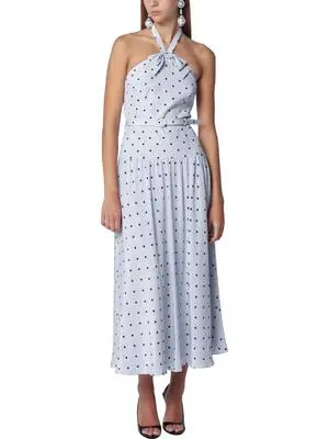 Alessandra Rich Silk Polka Dot Halterneck Midi Dress - Blue