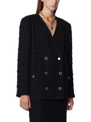 Alessandra Rich Double-breasted Boucle Tweed Jacket - Black
