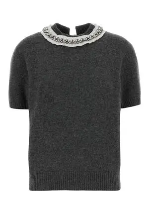 Prada Short Sleeve Wool-cashmere Sweater With Embellished Neckline - Gray