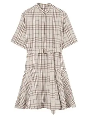 Burberry Linen Blend Short Dress With Check Pattern - Multicolor
