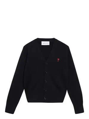 AMI Paris Navy Wool V-neck Cardigan With De Coeur Embroidery - Blue