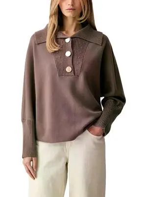 Joseph Ribkoff Button-up Ribbed Collar Sweater - Brown