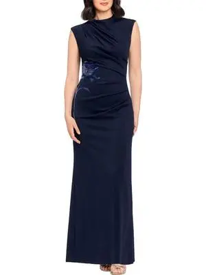 Betsy & Adam Sequin Appliqué Scuba Gown - Navy