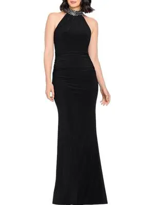 Betsy & Adam Beaded Mock Neck Column Gown - Black/silver