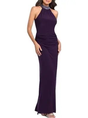 Betsy & Adam Beaded Mock Neck Column Gown - Plum/silver