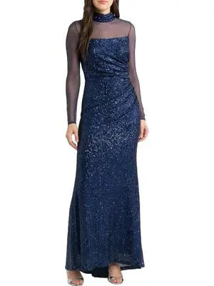 Eliza J Long Sleeve Mock Neck Sequin Gown - Navy