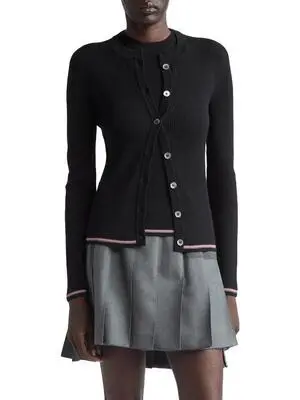 Thom Browne Crewneck Wool Cardigan With Signature Stripes - Black