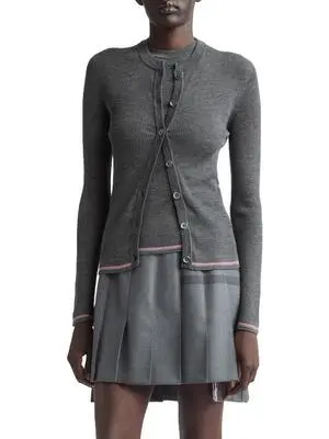 Thom Browne Crewneck Wool Cardigan With Signature Stripes - Medium Grey