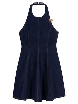 Maje Halterneck Denim Mini Dress With Brooch Detail - Blue