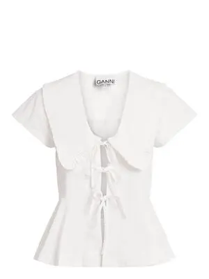 GANNI Ganni Cotton Bow Detail Peplum Blouse