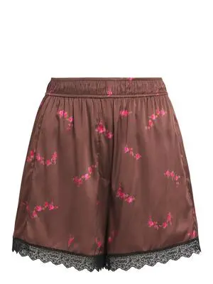 GANNI Floral Print Satin Lace-trimmed Shorts - White