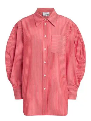 GANNI Cotton Stripe Oxford Shirt With Pleated Sleeves - Red