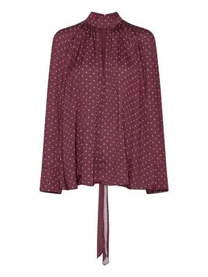 ROTATE BY BIRGER CHRISTENSEN Polka Dot Floral Print Satin High-neck Blouse With Lace-up Back - Rosso