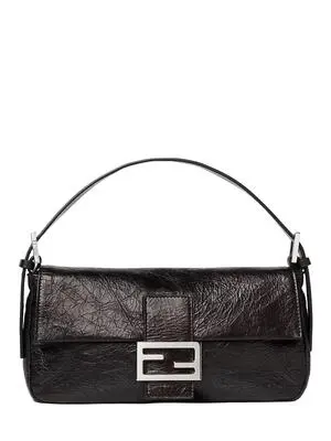 Fendi Mini Baguette Crackled Calfskin Bag - Nero