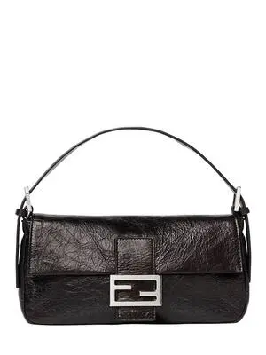 Fendi Mini Baguette Crackled Calfskin Bag - Nero