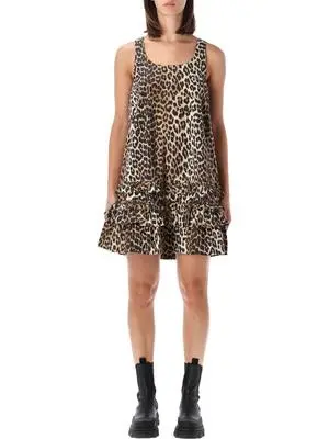 GANNI Leopard Mini Dress In Organic Cotton Poplin - Marrone