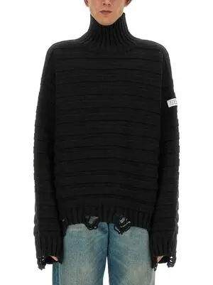 MAISON MARGIELA High Neck Distressed Pullover Sweater - Black