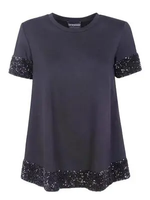 Emporio Armani Short-sleeved Jumper With Sequined Cuffs And Hem - Black