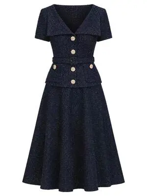 SELF-PORTRAIT Navy Bouclé Tailored Midi Dress - Blue