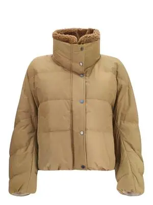 Brunello Cucinelli Techno Cotton Taffeta Down Jacket With Detachable Shearling Insert And Monili Embellishments - Neutrals