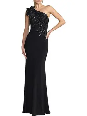 Mac Duggal One Shoulder Gown With 3d Flower Applique - Black