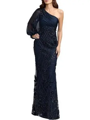 Mac Duggal One-sleeve Embellished Gown - Navy