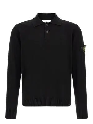 Stone Island Logo Patch Knitted Polo Shirt - Black