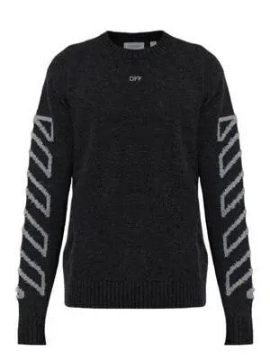 Off-White Long Sleeve Crewneck Sweater With Geometric Stripes And Arrow Design - Grey