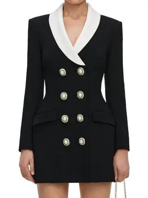 SELF-PORTRAIT Tailored Double-breasted Mini Dress With Contrast Collar - Black