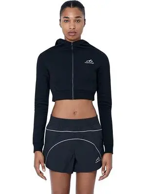 Balenciaga Cropped Zip-up Hoodie With Embroidered Logo - Black